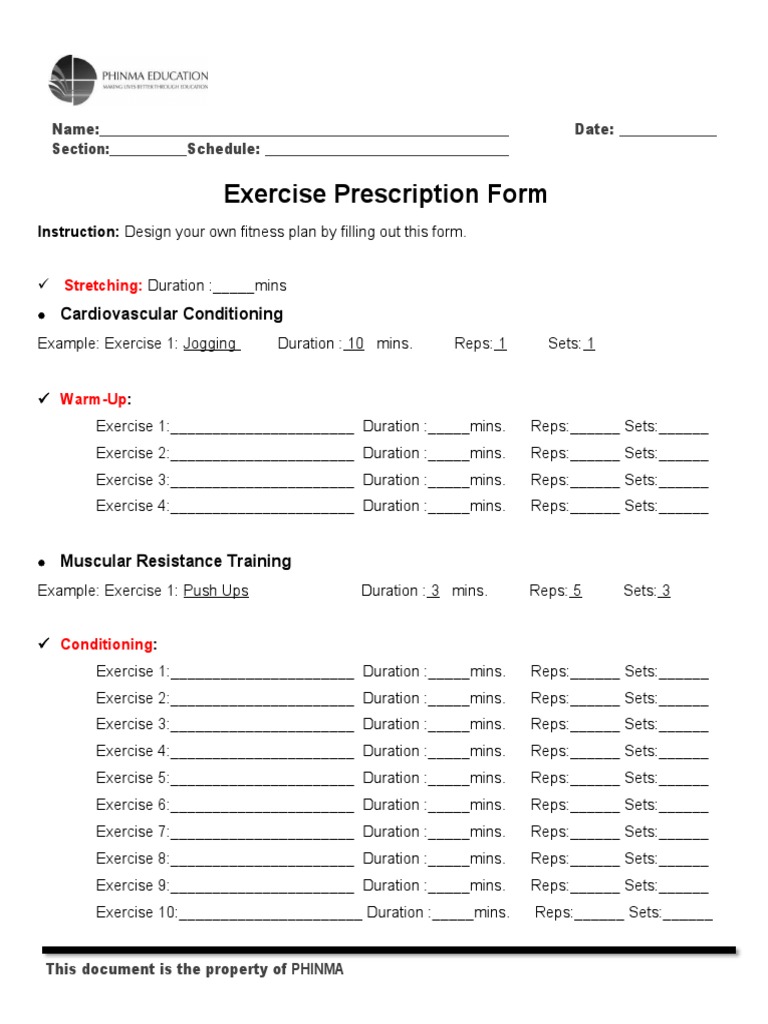 Exercise Prescription Form: Name: Section: Schedule: Date | PDF ...