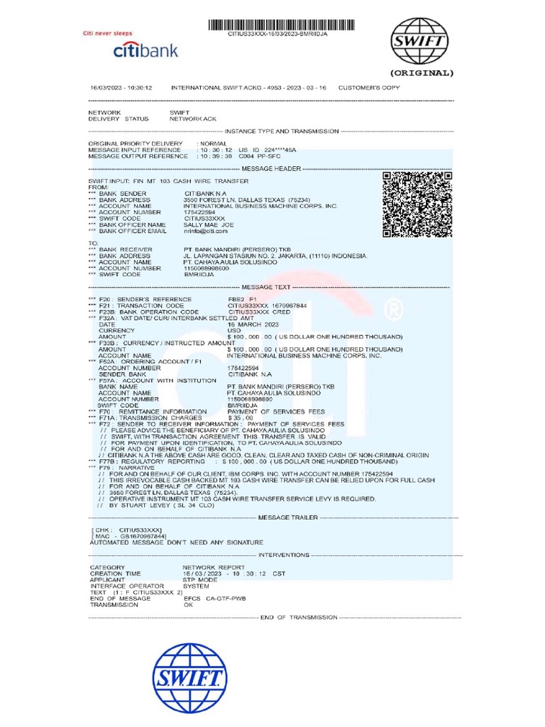 Swift Document For PT. MANDIRI TKB | PDF