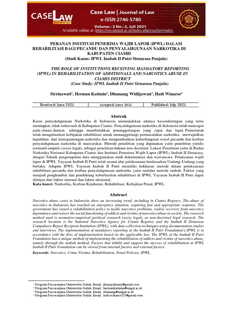 Peranan Institusi Penerima Wajib Lapor (Ipwl) Dalam Rehabilitasi Bagi Pecandu Dan Penyalahgunaan ...