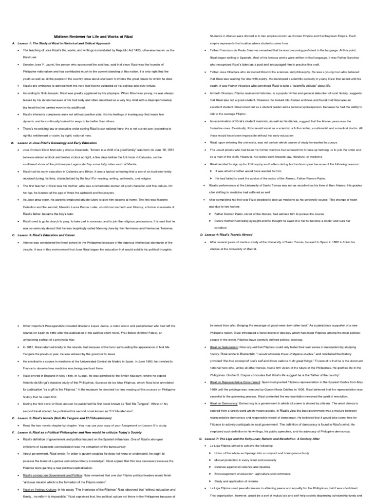Midterm Reviewer (Rizal) | PDF | Philippines