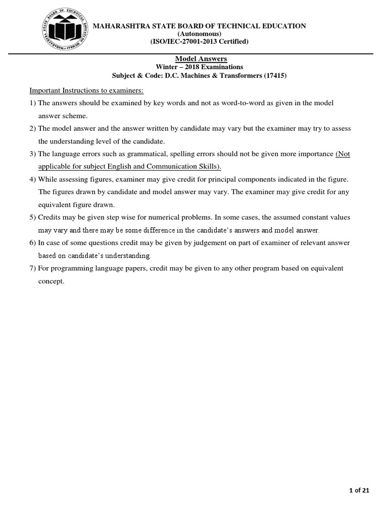 2018 Winter Model Answer Paper | PDF | Electric Motor | Transformer
