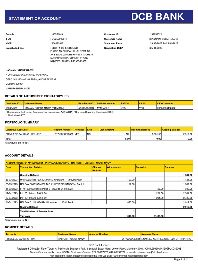 DCB Bank: Statement of Account | PDF | Banking | Payments