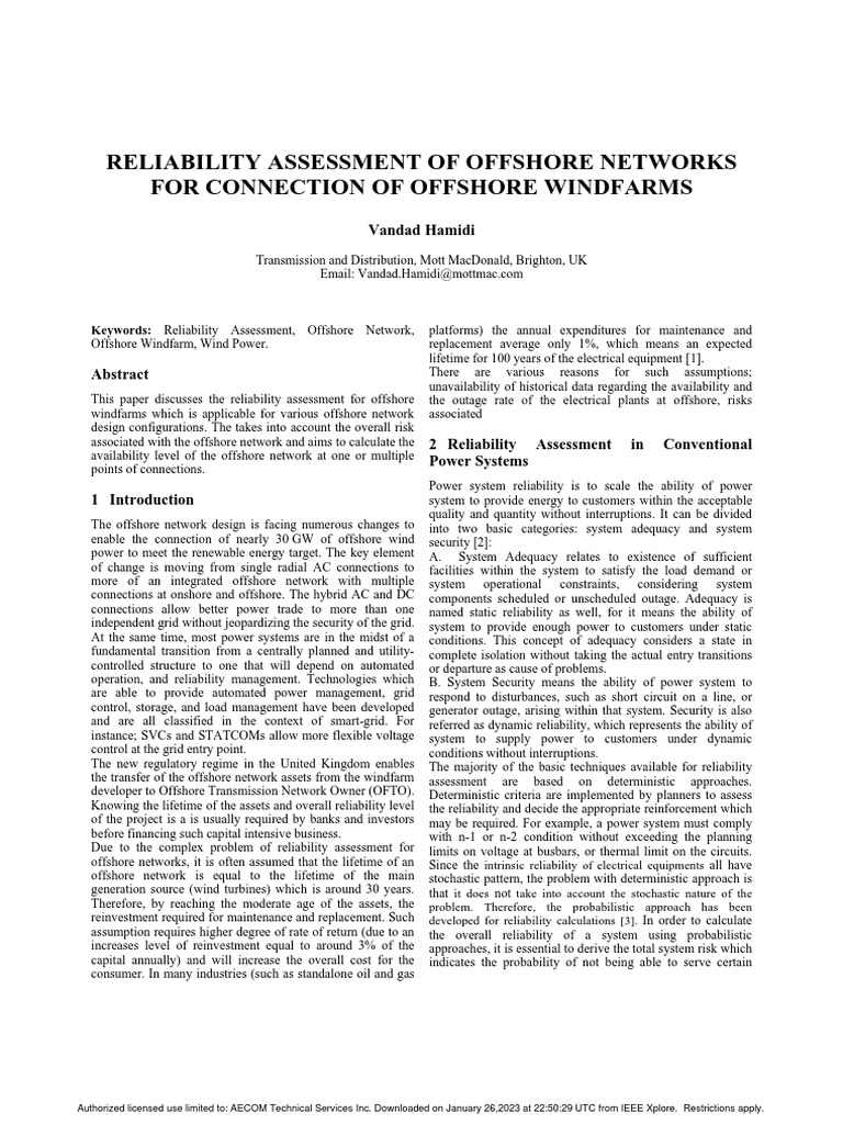 Reliability Assessment of Offshore Networks For Connection of Offshore Windfarms | PDF | High ...