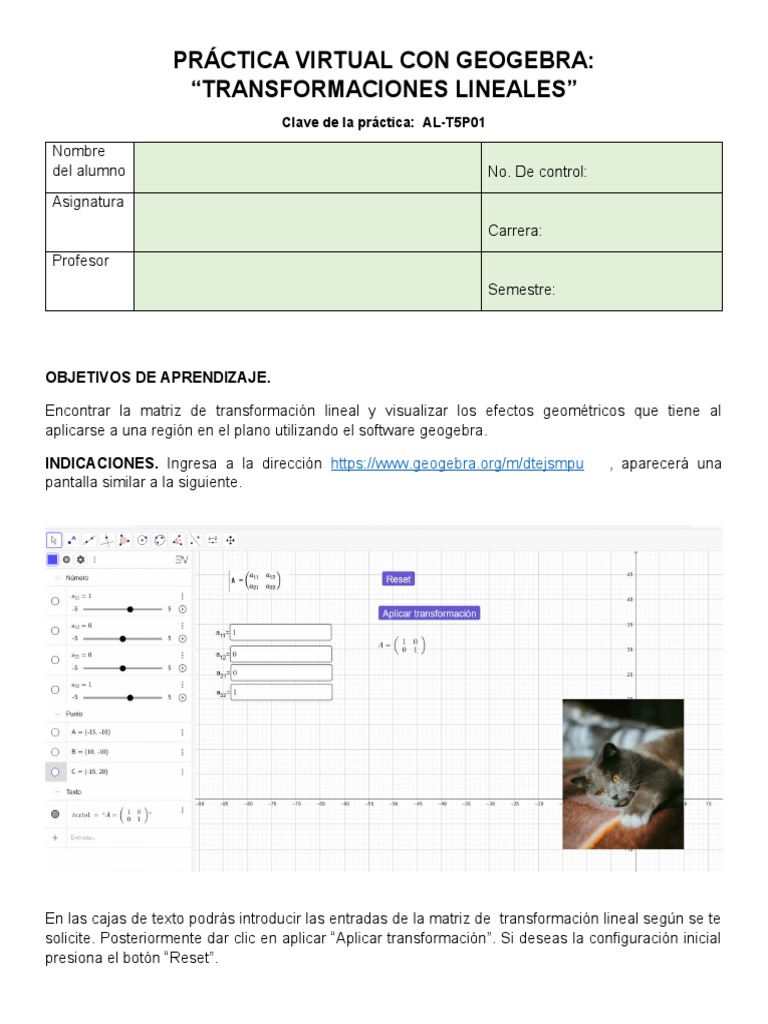 Práctica Virtual Con Geogebra: "Transformaciones Lineales": Objetivos de Aprendizaje | PDF ...