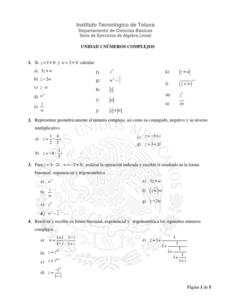 Ejercicios de números complejos y álgebra lineal | PDF | Número complejo | Funcion exponencial