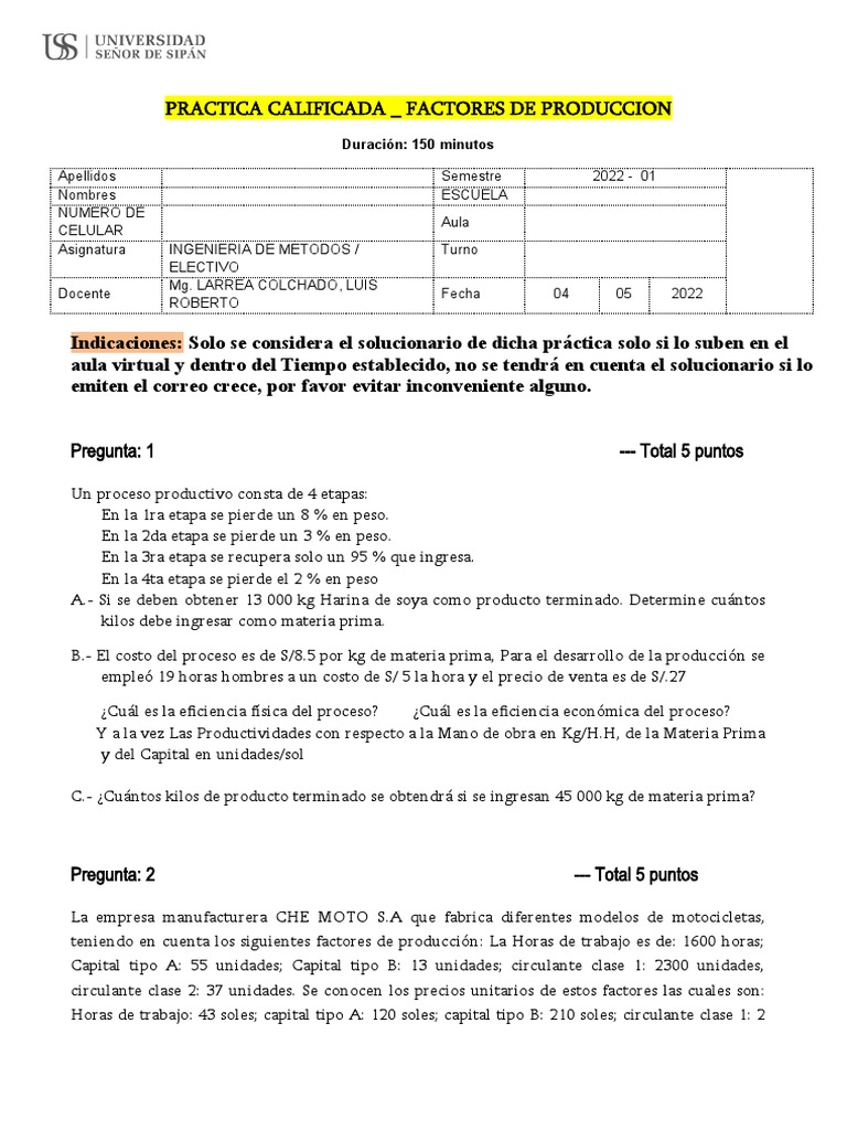 Primera Practica Calificada | PDF | Economias | Producción y fabricación
