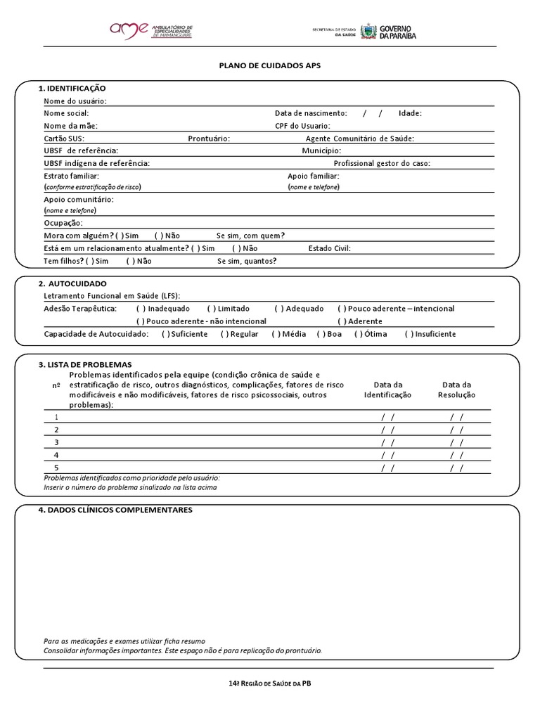 Plano de Cuidado APS-14 Região Da PB - Atualizado | PDF