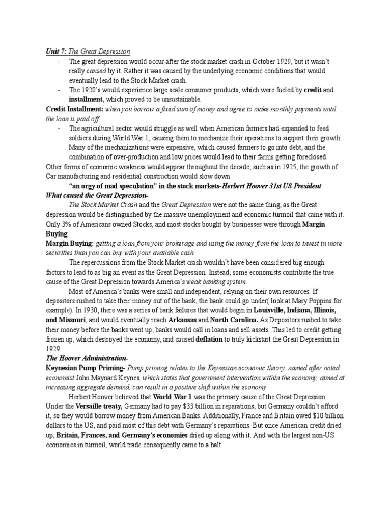 The Great Depression Notes | PDF | Great Depression | Federal Reserve