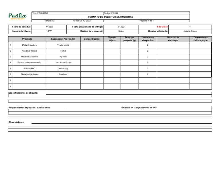 Formato de Solicitud de Muestras | PDF