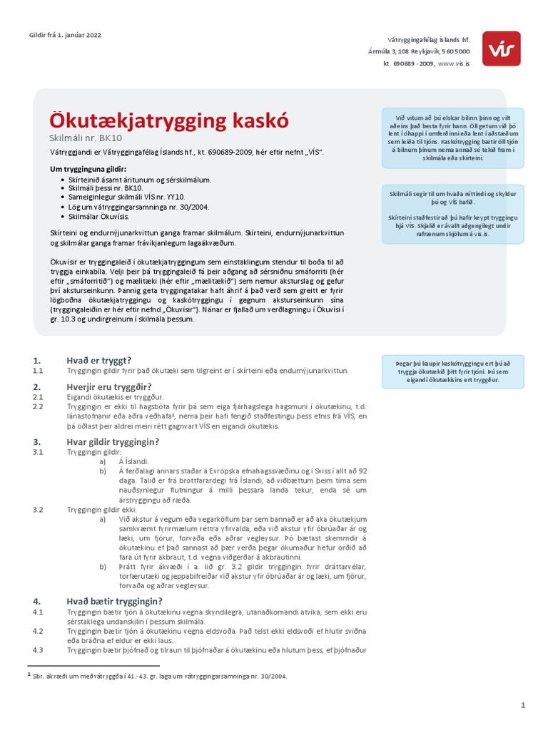 Ökutækjatrygging Kaskó: Skilmáli Nr. BK10 | PDF