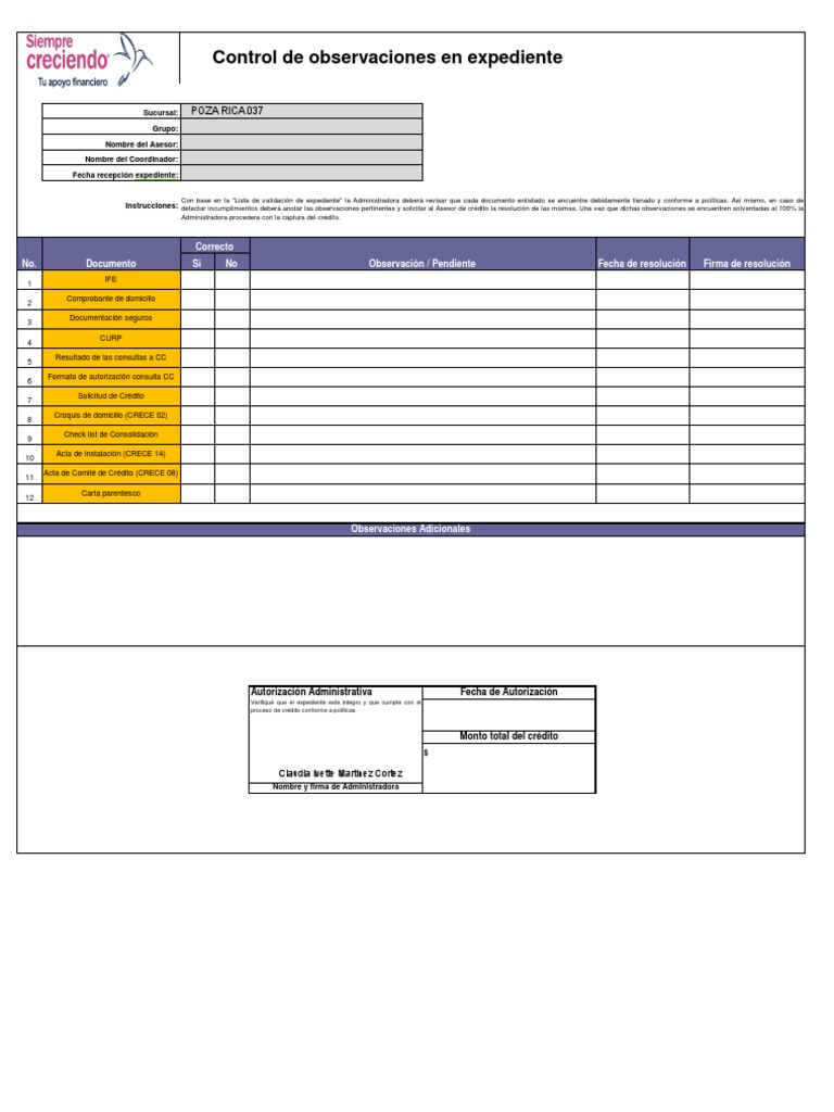 Control de Observaciones en Expediente de Crédito Bel | PDF | Finanzas y dinero
