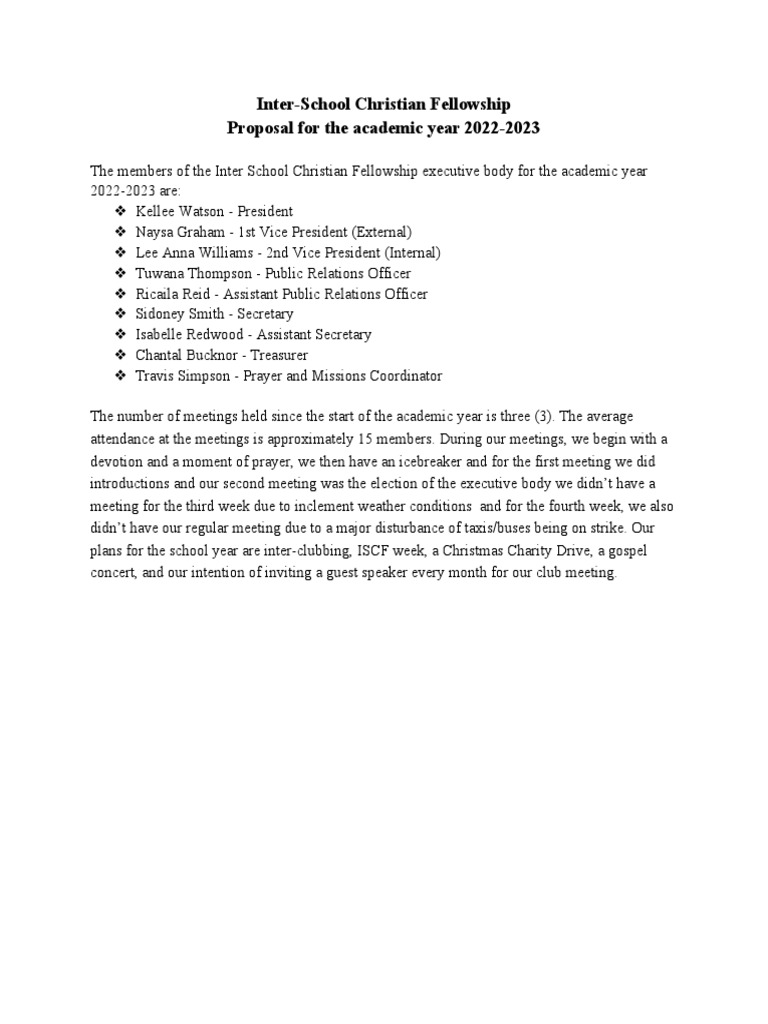 Inter-School Christian Fellowship Proposal For The Academic Year 2022 ...
