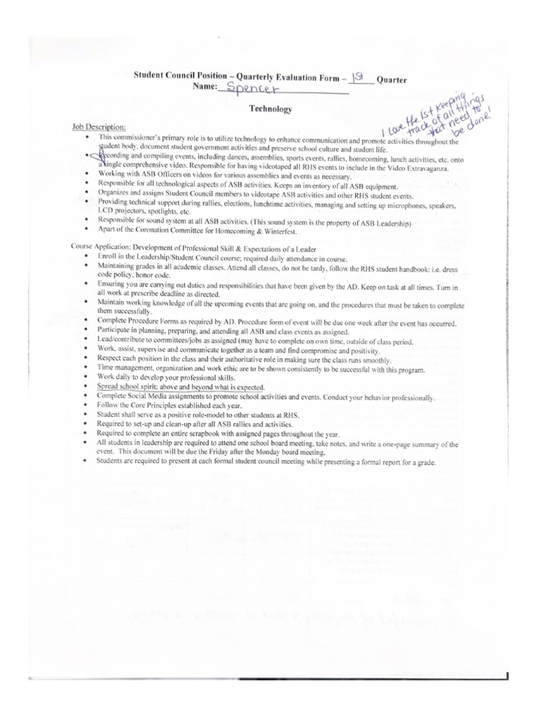 Student Council Position - Quarterly Evaluation Form - ST | PDF