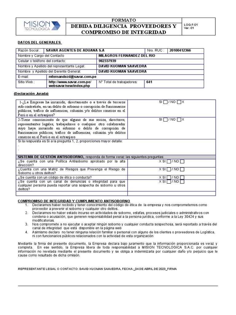 Formato de Debida Diligencia y Compromiso Integridad Proveedores y ...