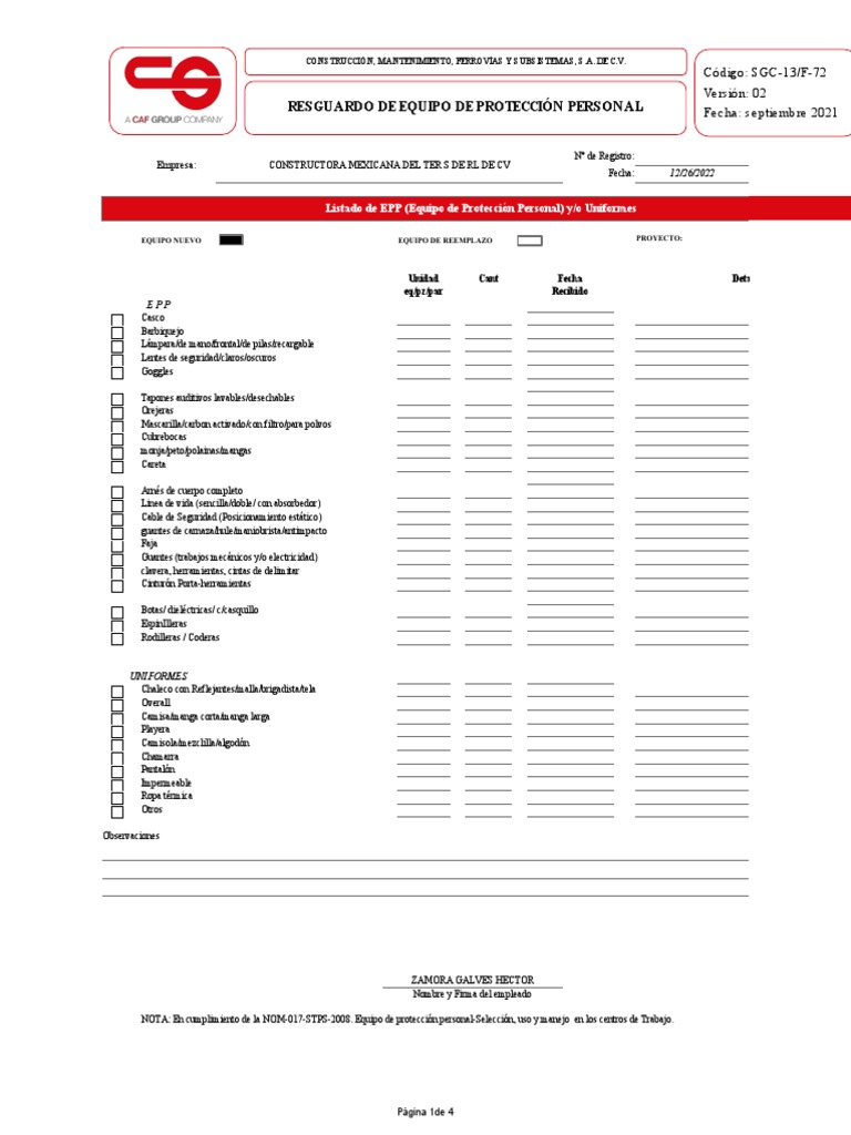 11.-Formato Resguardo de Equipo de Protección Personal | PDF | Las condiciones de trabajo | Ropa