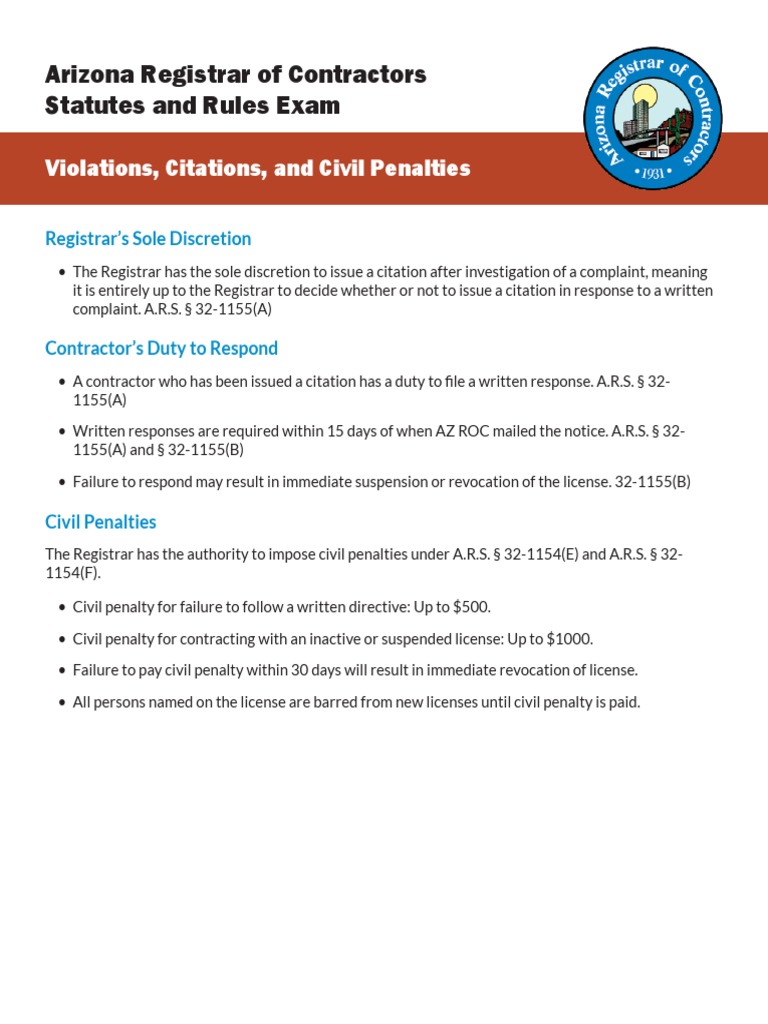 Arizona Contractor Citation Rules and Penalties | PDF