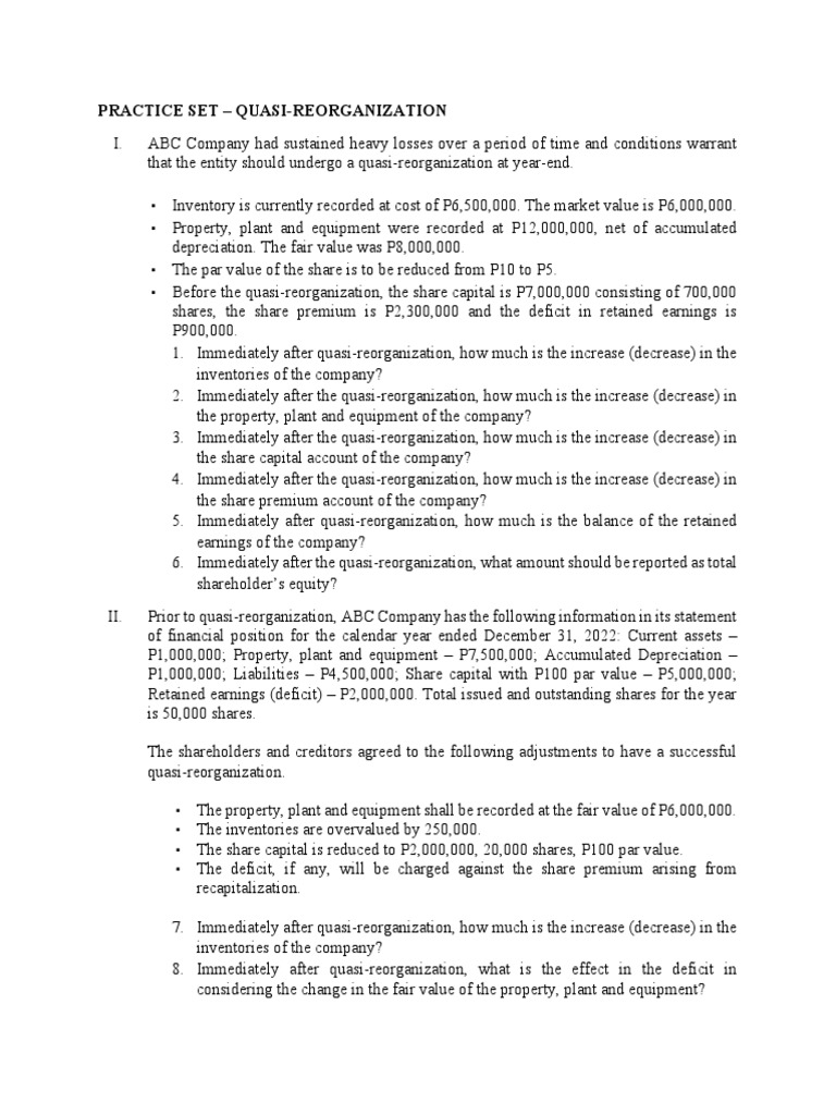 Practice Set Quasi Reorganization - QUESTIONNAIRE | PDF | Retained ...