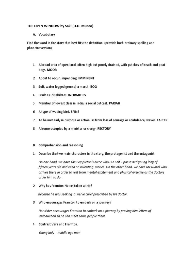 THE OPEN WINDOW by Saki (H.H. Munro) : A. Vocabulary | Download Free ...