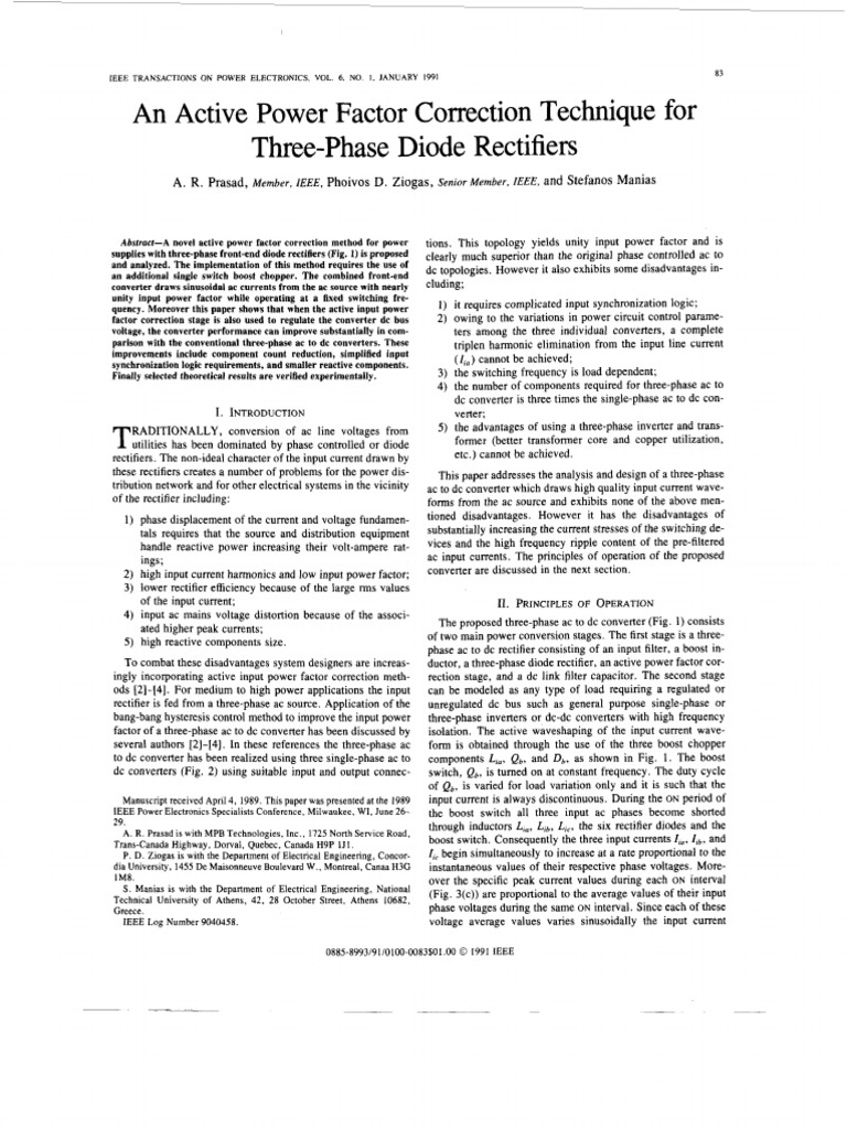 IEEE Transactions Active Power Factor Correction Technique Three-Phase Diode Rectifiers | PDF ...