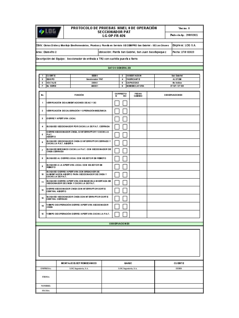 LG-OP-FR-026 Protocolo de Verificación de Operación Seccionador Pat | PDF | Ingenieria Eléctrica