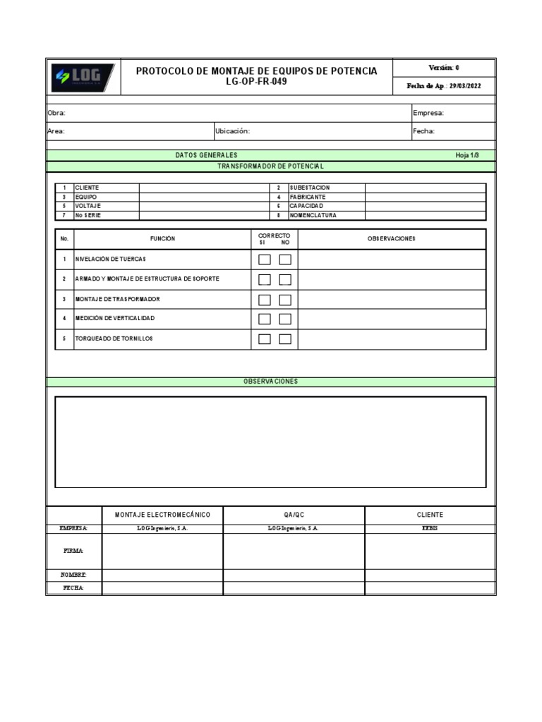 LG-OP-FR-049 Protocolo de Montaje de Equipos de Potencia | PDF | Transformador | Energia electrica