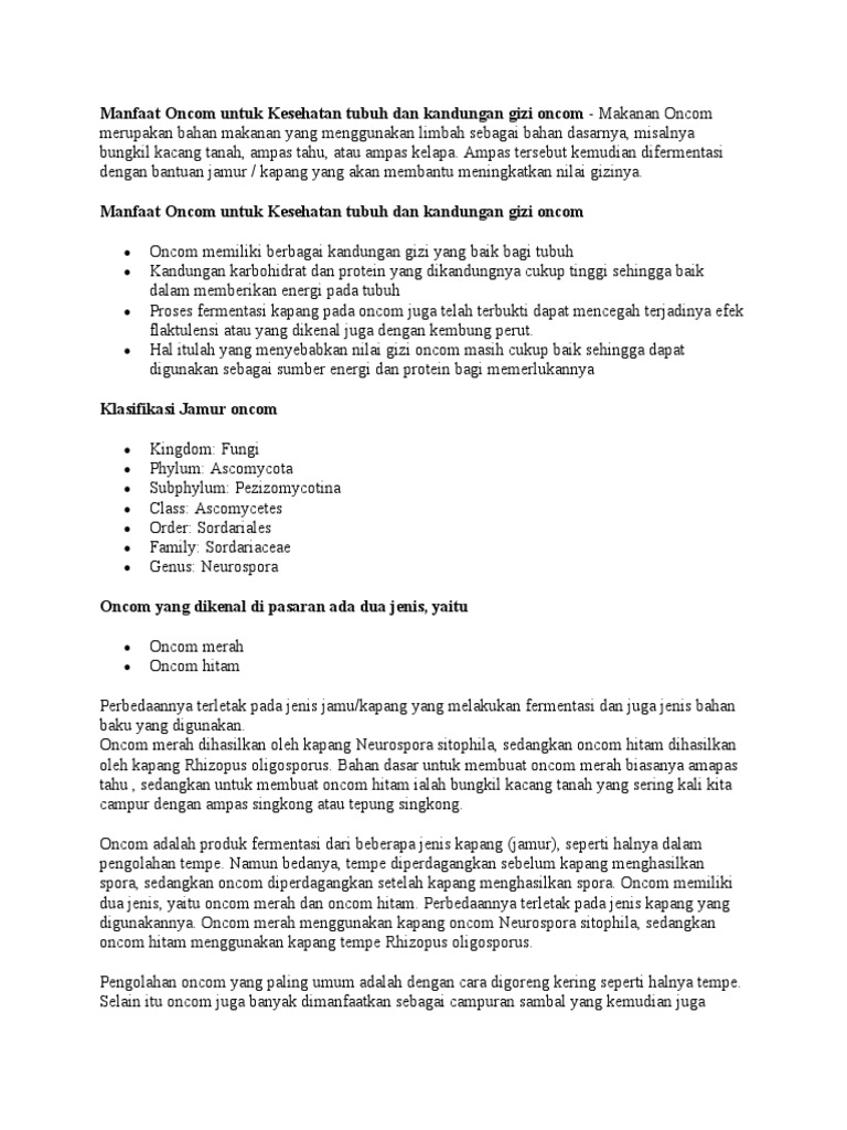 Manfaat dan Kandungan Gizi Oncom | PDF