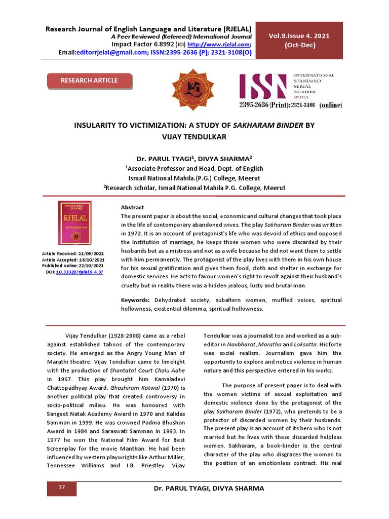 Insularity to Victimization: A Study of Sakharam Binder by Vijay ...