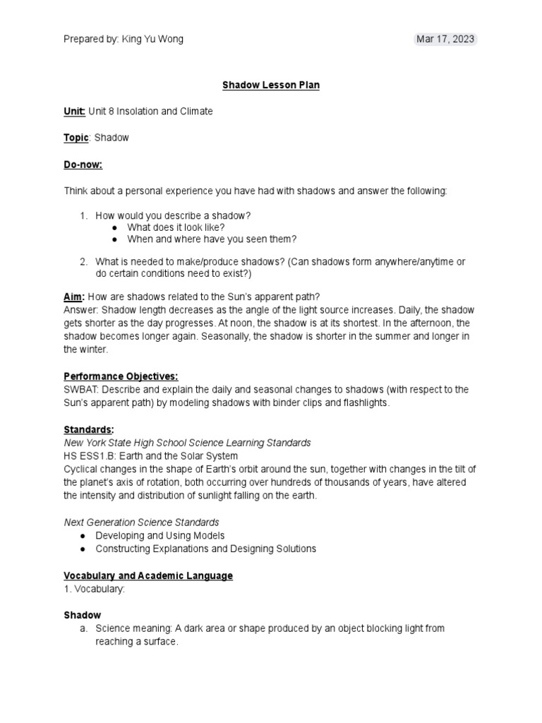 3 17 2023 Shadow Lesson Plan | PDF | Shadow | Earth