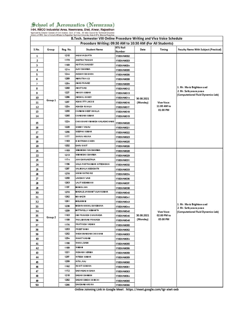 Sem. 8 - Procedure Writing and Viva Voce Schedule | PDF