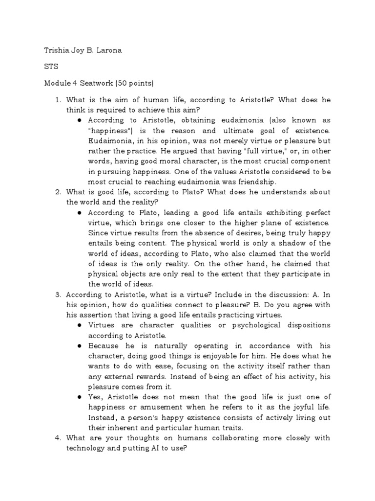Module 4 Seatwork - Trishia Joy Larona - STS | PDF | Happiness | Virtue