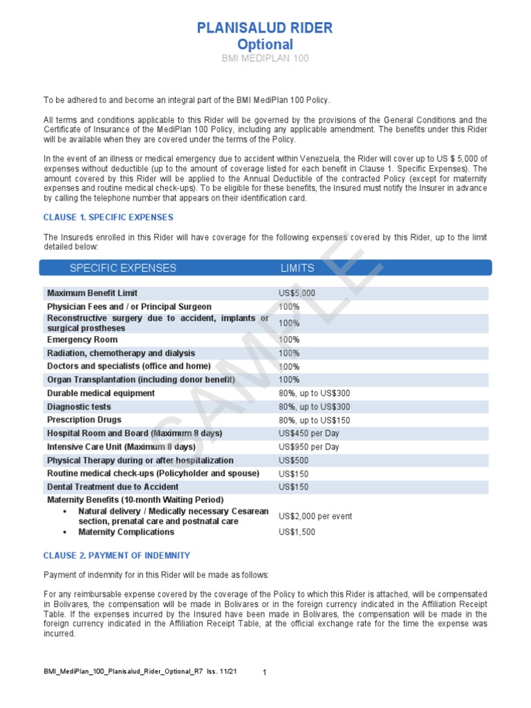 BMI MediPlan 100 Planisalud Rider R7 11 21 1contrato | PDF | Insurance ...