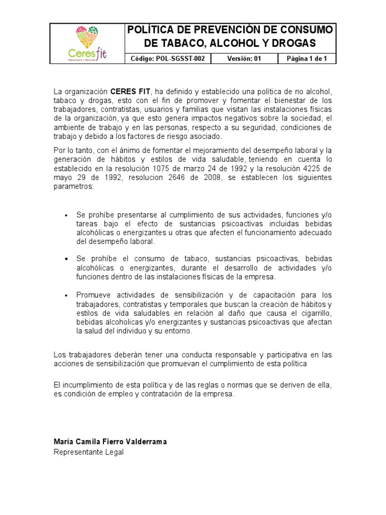 POL-SGSST-002 - Política de No Consumo de Alcohol, Tabaco y Sustancias Psicoactivas | PDF