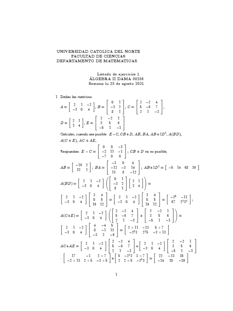 Ejercicios de Álgebra II: Matrices y Operaciones | PDF | Matriz ...