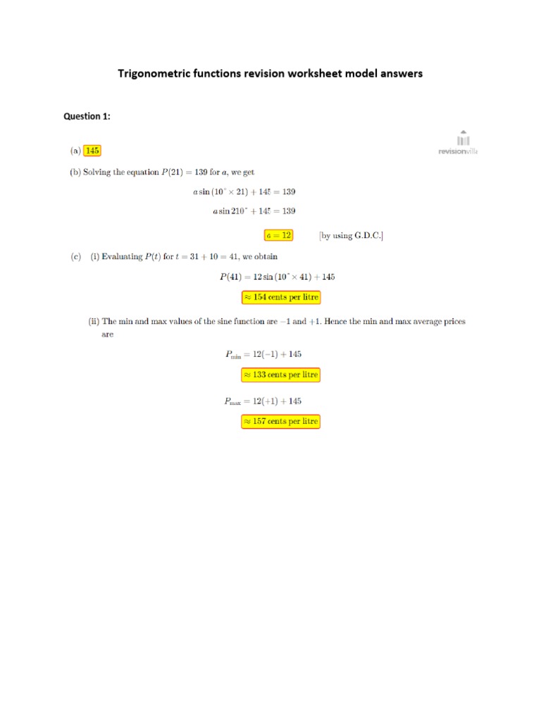 Trigonometric Functions Revision Worksheet Model Answers | PDF