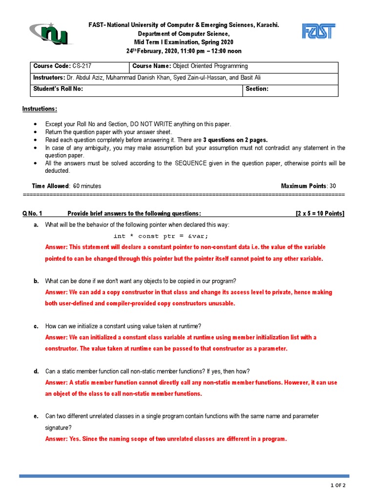 OOP Midterm Exam - CS Students | PDF | Method (Computer Programming) | Pointer (Computer ...