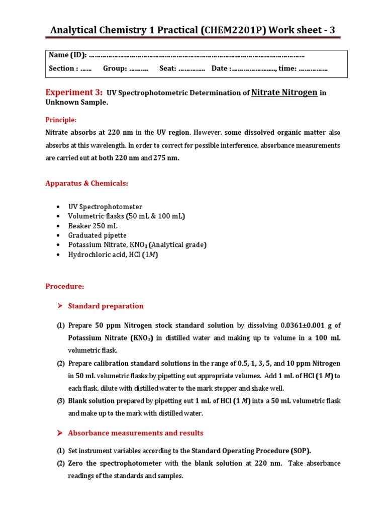 Exp 3 Uv Spectrophotometric Det Of Nitrate N In Unknown Sample Pdf Spectrophotometry