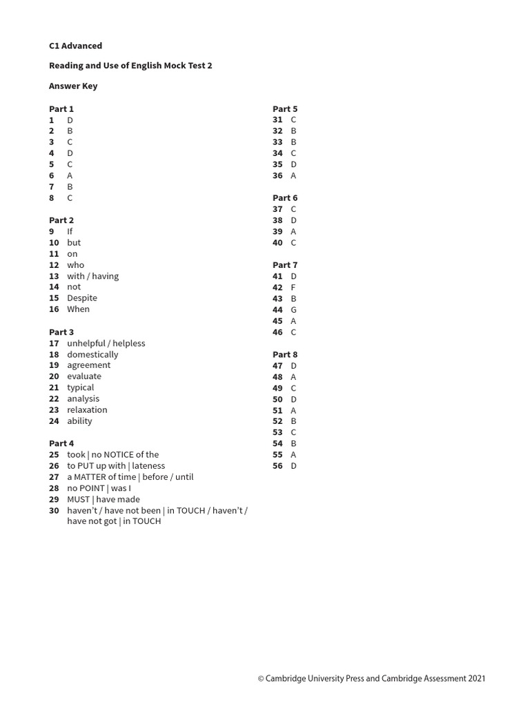 C1 Advanced Practice Test RUE Answer Key | PDF