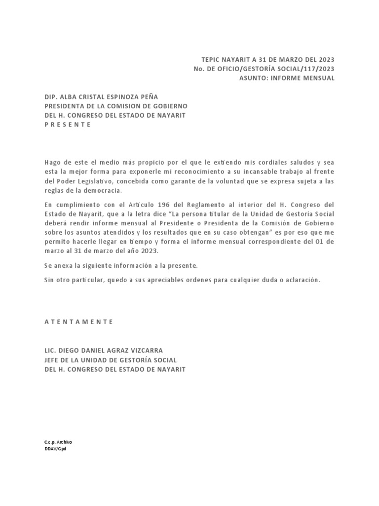 Oficio de Informe Mensual | PDF