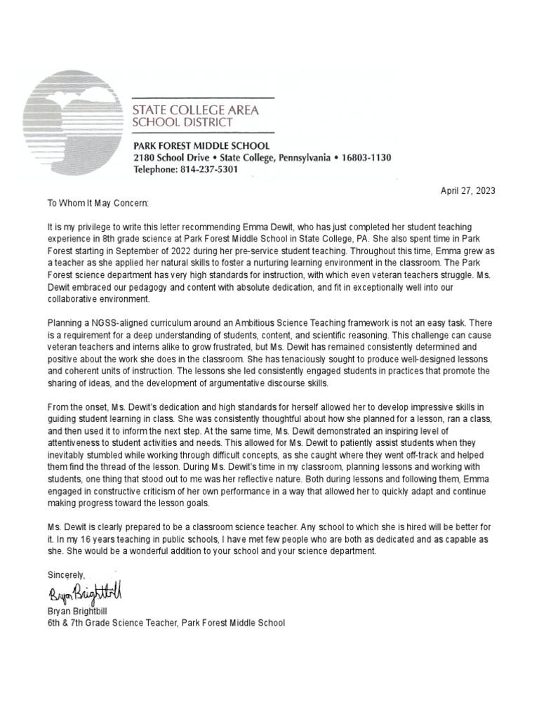 Emma D Letter of Recommendation - Bryan Brightbill | PDF