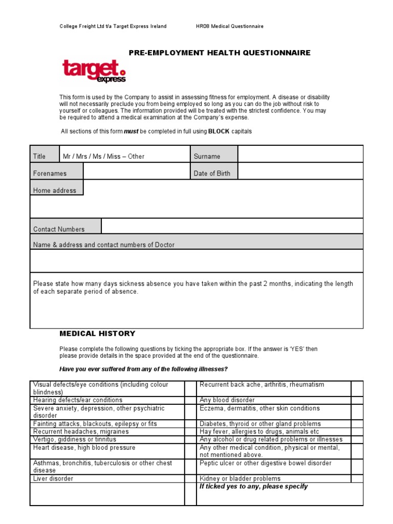 Pre-Employment Medical Questionnaire | PDF | Disability | Dermatitis