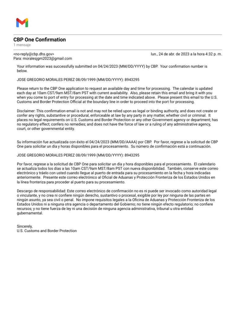 Gmail - CBP One Confirmation | PDF | Aduanas y Protección de Fronteras ...