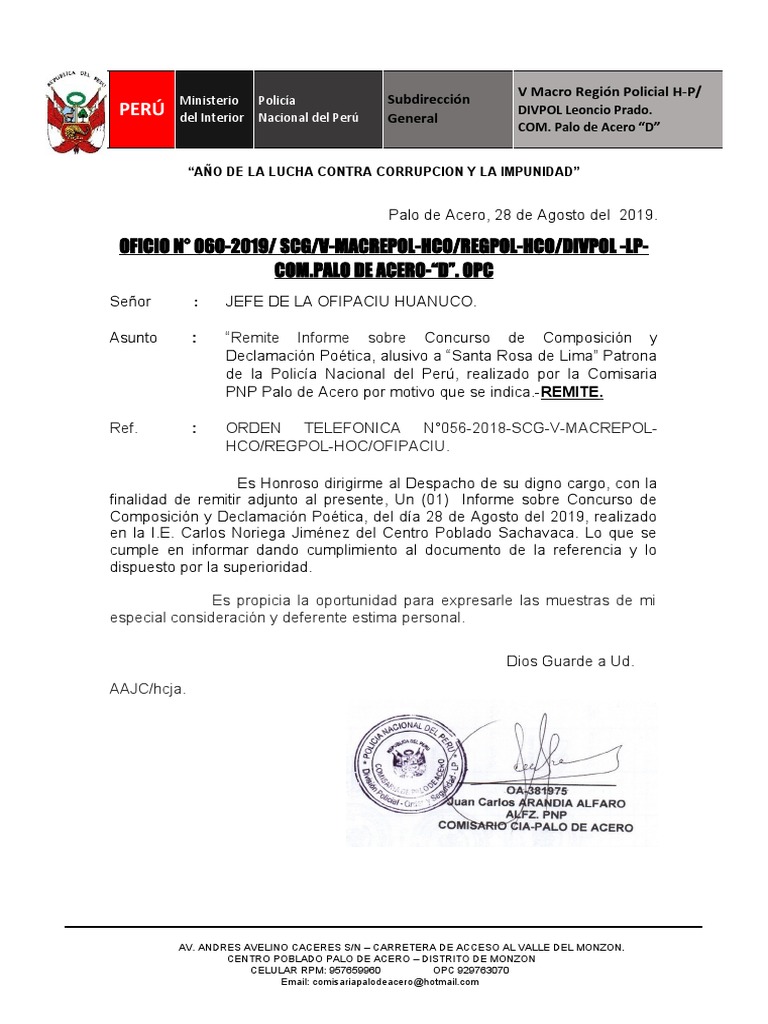 Oficio #060-2019 Informe de Concurso de Composicion y Declamacion | PDF