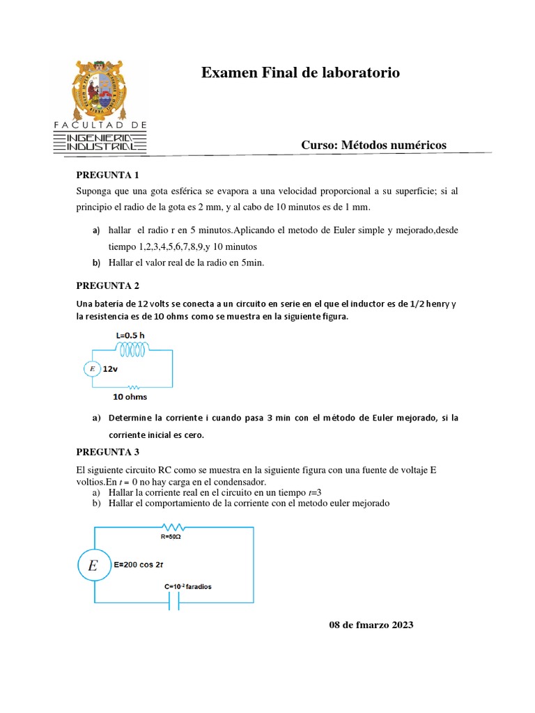 Examen Final de Laboratorio: Curso: Métodos Numéricos | PDF