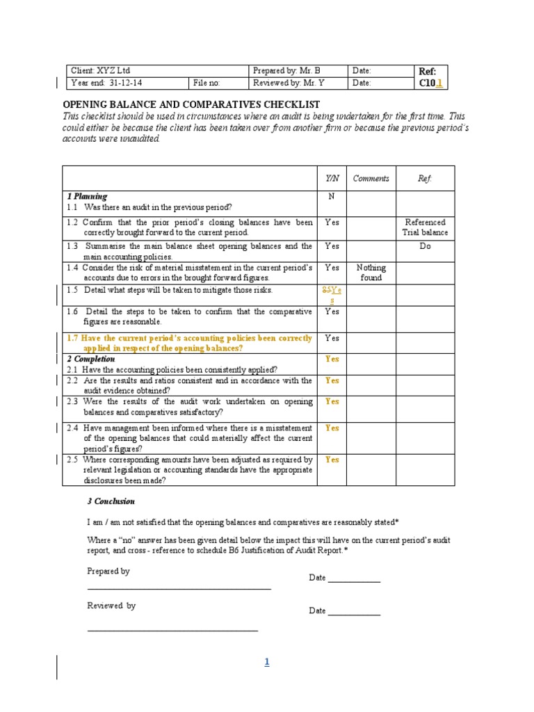 7876C.10.1 Opening Balance and Comparative Checklist | PDF | Financial ...