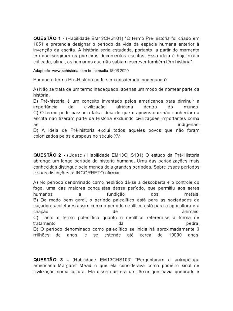 Prova 1ano Hist 1bim - Tipo 1 | PDF