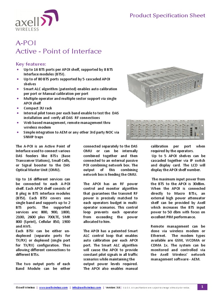 Axell Wireless APOI Product Spec V3-8 | PDF | Sprint Corporation | Wireless