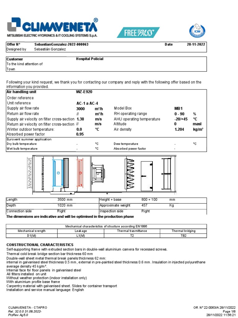 Climaveneta Air Handler Unit - SP | PDF | Flow Measurement | Electric Motor