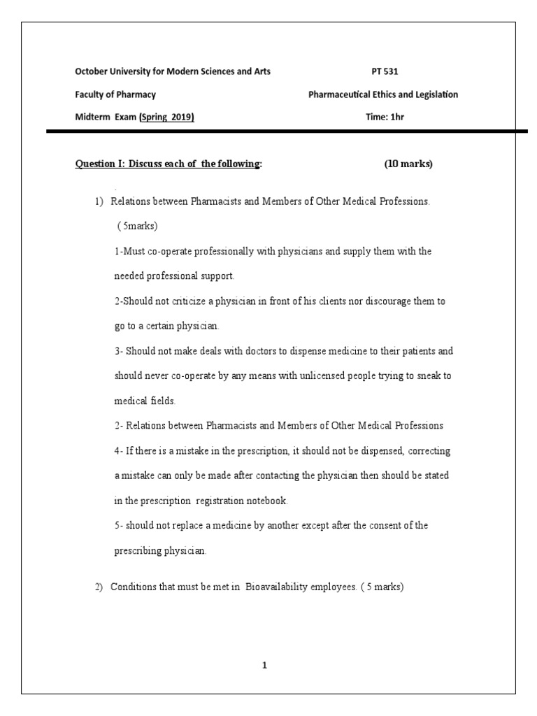 Mid Term Model Answer Ethics Spring 2019 | PDF | Pharmacy | Medical Prescription