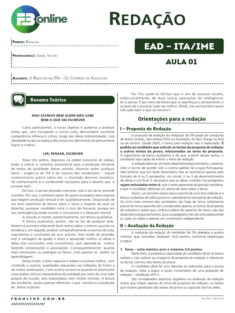 Redação - Aula 1 | Download grátis PDF | Terceira idade | Pensamento