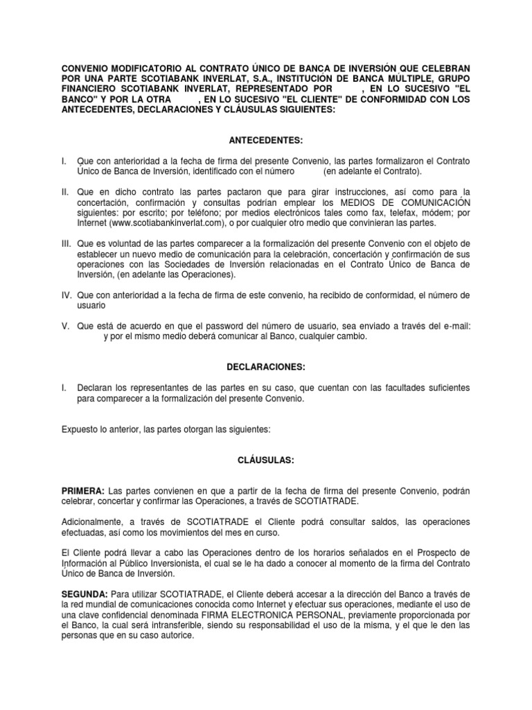 CONVENIO MODIFICATORIO AL CONTRATO ÚNICO DE BANCA DE INVERSIÓN | PDF ...